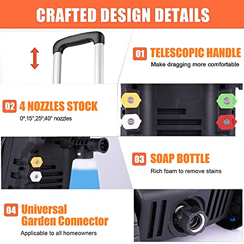 mrliance Electric Pressure Washer 1600W 1.9GPM High Pressure Power Washer Car Washer with Hose Reel, 4 Adjustable Nozzles, Soap Bottle (Sliver)