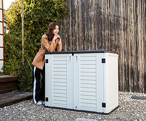HOMSPARK Storage Shed Horizontal Outdoor Storage Box Weather Resistance, Multi-Purpose Shed Lockable with Floor - Durable Storage for Yard Toys, Garden Tools, Patio Accessories, Cream White
