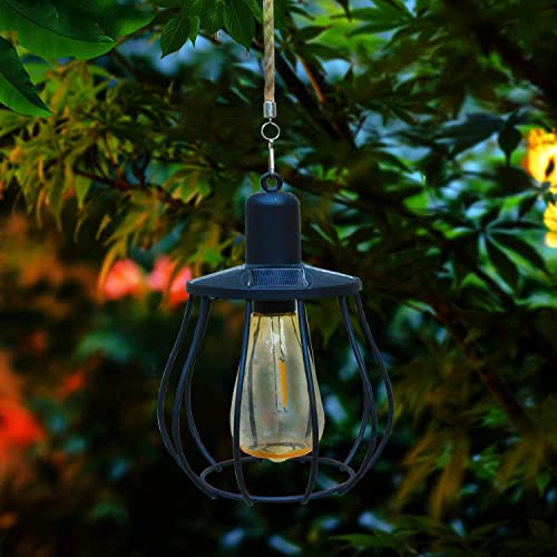Hanging Solar Lights Outdoor - Hemp Rope Solar Powered Lantern Waterproof Retro Lanterns Lamps with Warm Light Edison Bulb for Patio,Yard,Garden and Pathway Decoration(Semicircle), Warm White