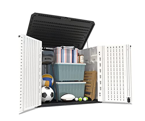 HOMSPARK Storage Shed Horizontal Outdoor Storage Box Weather Resistance, Multi-Purpose Shed Lockable with Floor - Durable Storage for Yard Toys, Garden Tools, Patio Accessories, Cream White