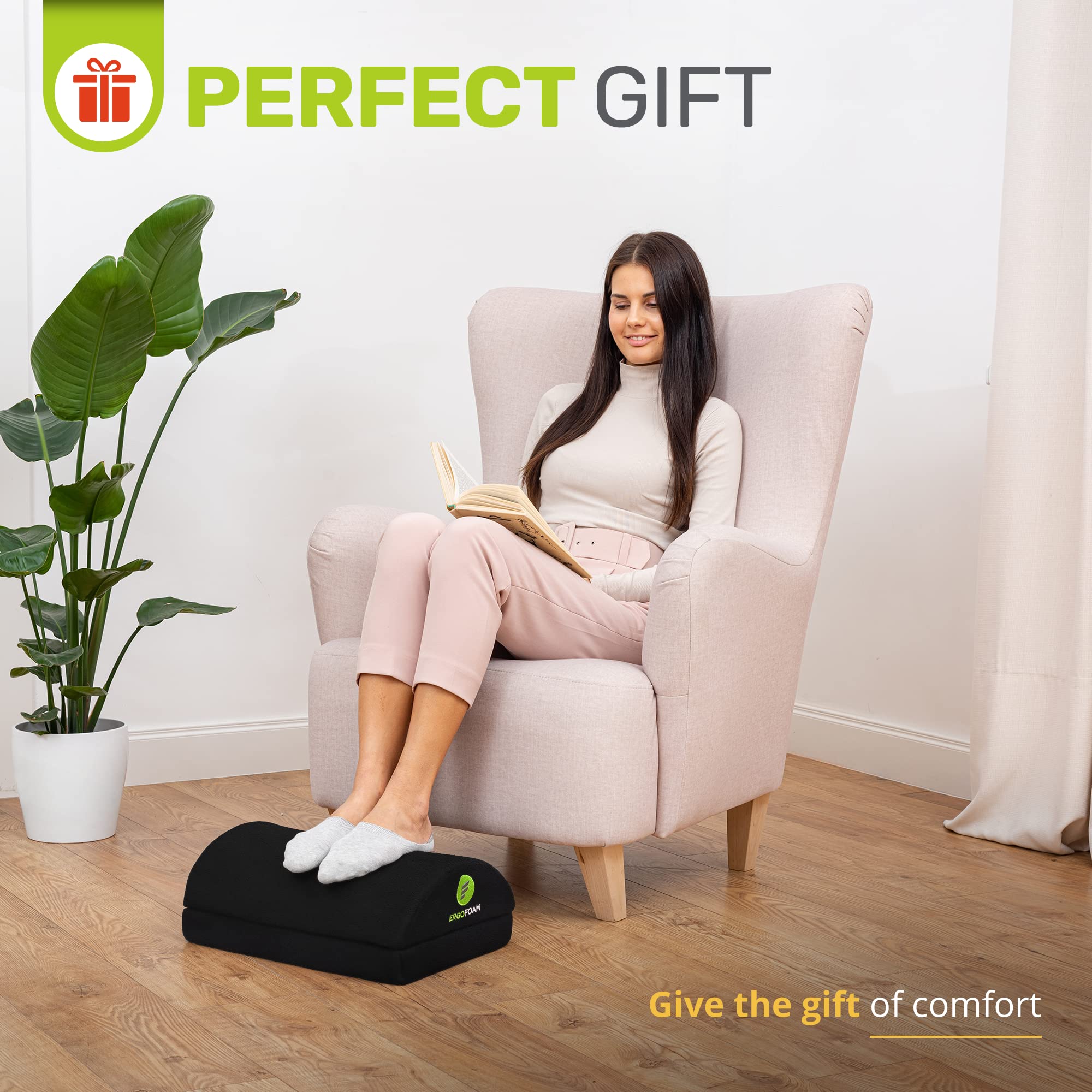 ErgoFoam Adjustable Foot Rest Under Desk for Added Height - Large Premium Velvet Soft Foam Footrest for Desk - Most Comfortable Desk Foot Rest in The World for Back, Lumbar, Knee Pain (Black)