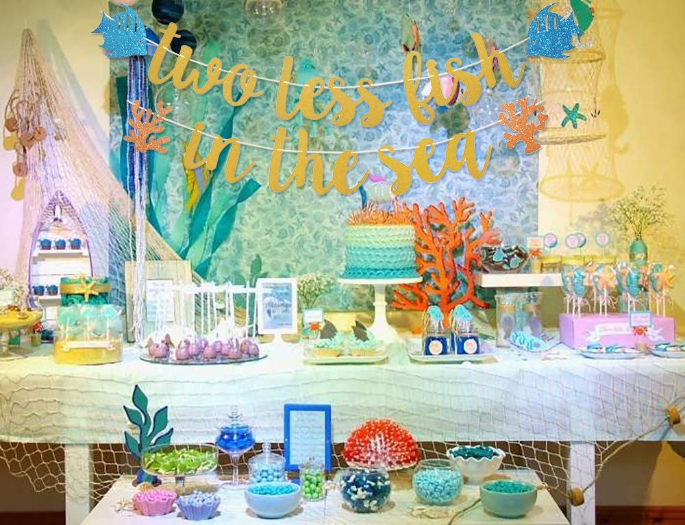 Two Less Fish in the Sea Gold Glitter Banner for Nautical Sea Theme Engagement Party Beach Wedding Anchor Cruise Banner Decorations