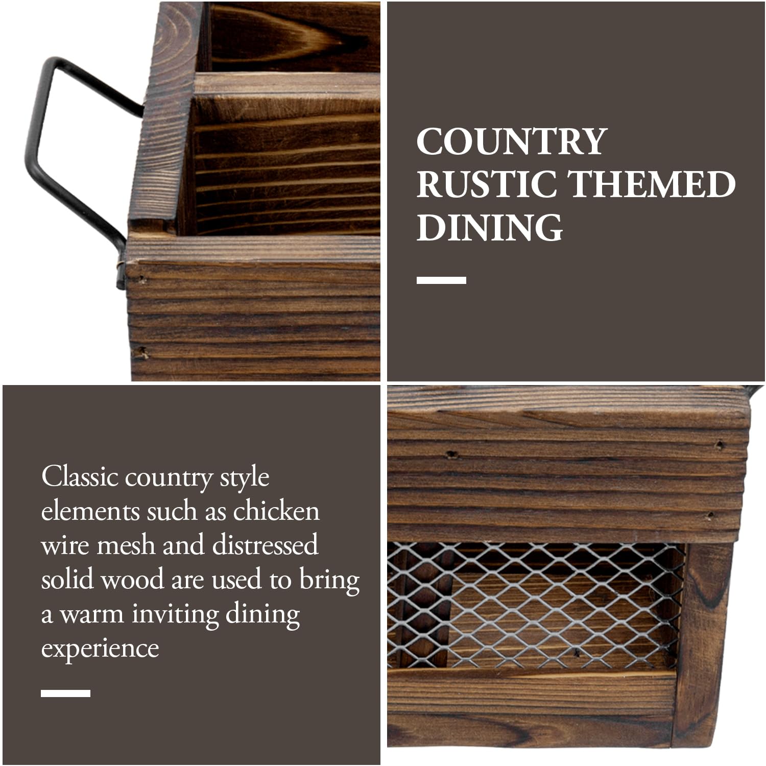 MyGift Rustic Brown Wood Utensil Holder and Napkin Rack with Black Metal Carry Handles and Chicken Wire Front Panel, Dining Flatware Cutlery Storage Caddy