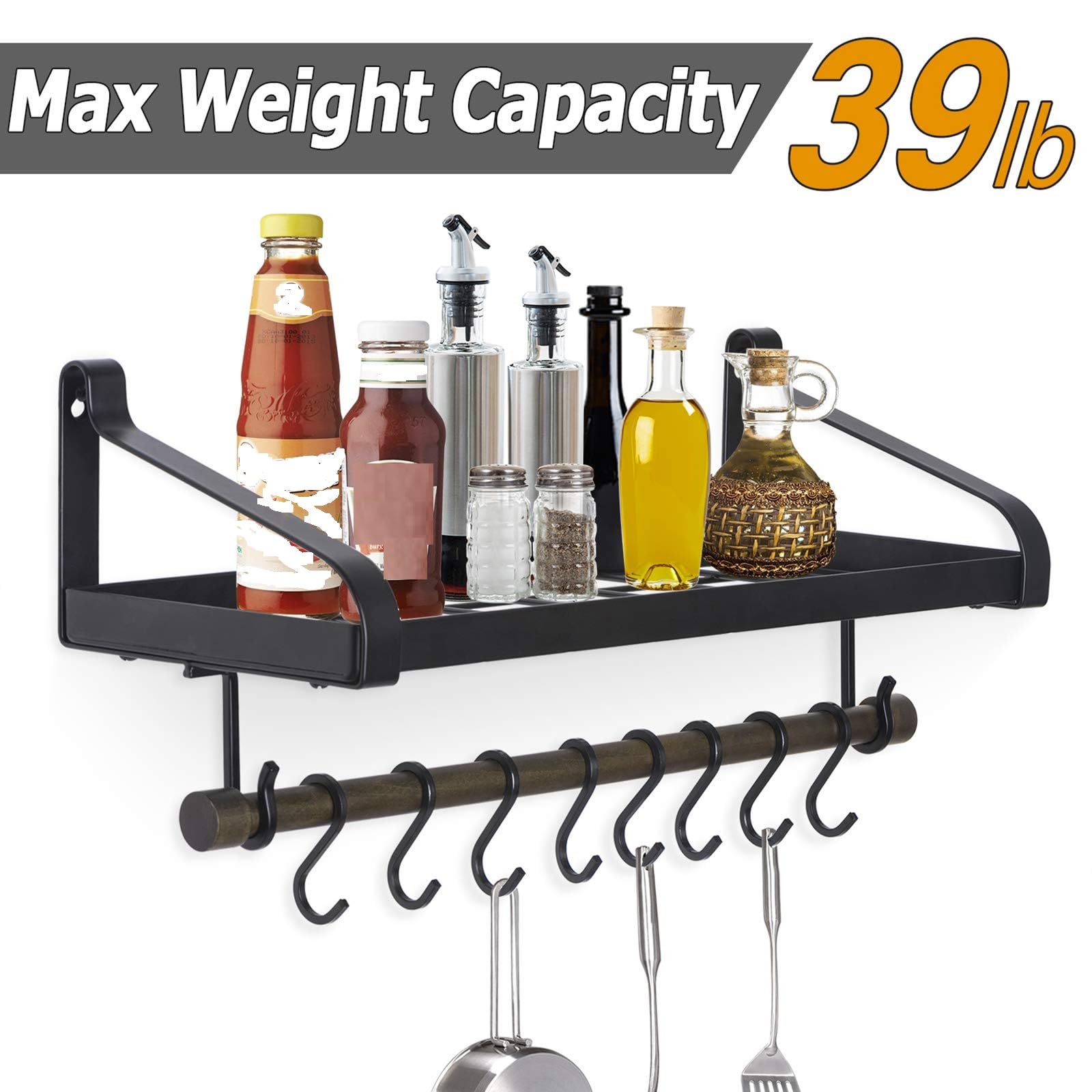 Love-KANKEI Pot Rack Wall Mounted Pan Pot Organizer Wall Shelf with Towel Bar and 8 Hooks for Kitchen Cookware Utensils Organization Black