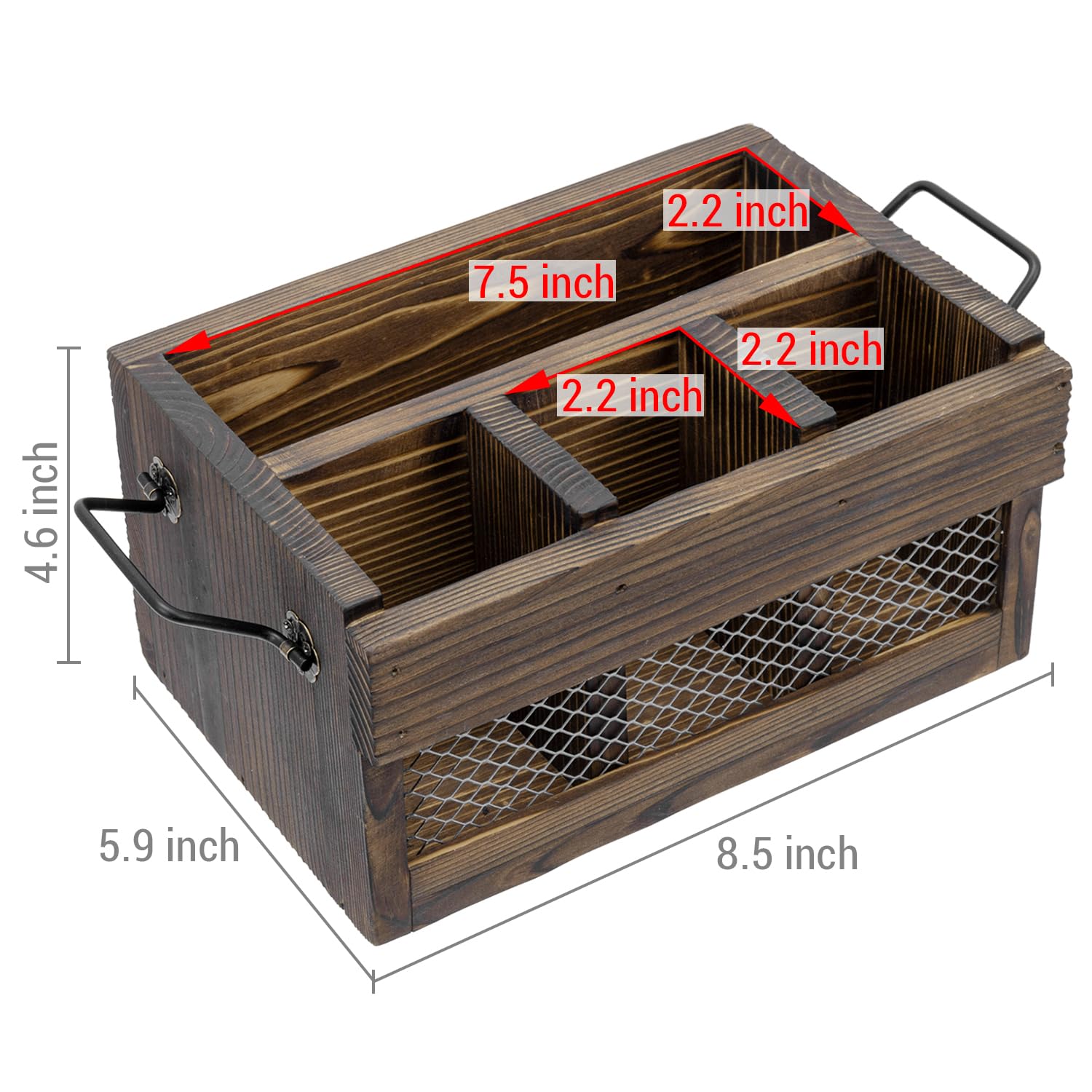 MyGift Rustic Brown Wood Utensil Holder and Napkin Rack with Black Metal Carry Handles and Chicken Wire Front Panel, Dining Flatware Cutlery Storage Caddy