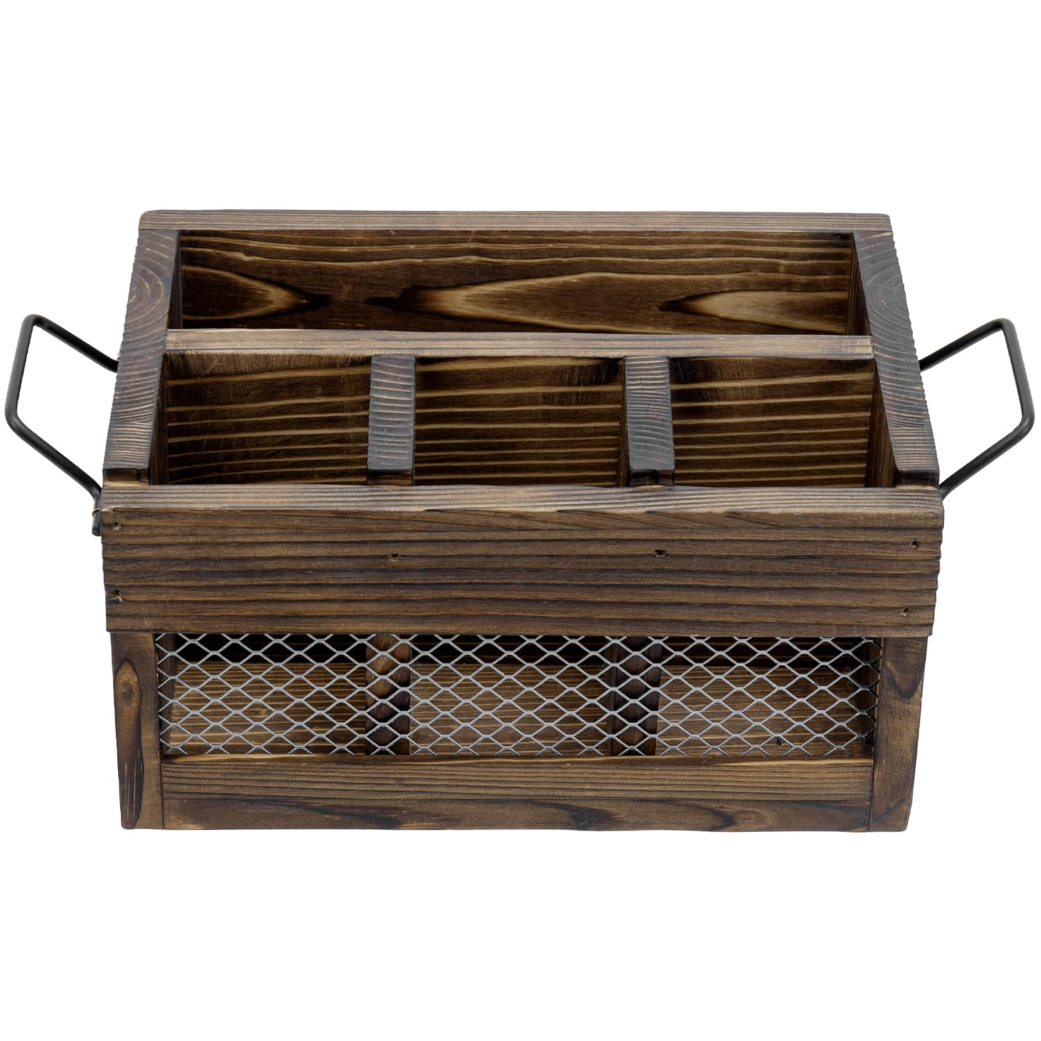 MyGift Rustic Brown Wood Utensil Holder and Napkin Rack with Black Metal Carry Handles and Chicken Wire Front Panel, Dining Flatware Cutlery Storage Caddy