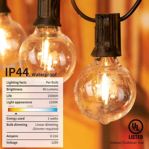 LED Globe String Lights Outdoor G40 25Feet with 27 LED Shatterproof Clear Globe Bulbs (2 Spare), Warm White Connectable Patio Lights for Backyard Garden Pergola Tents Gazebo Party Decor,Black Wire