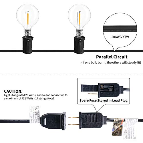 LED Globe String Lights Outdoor G40 25Feet with 27 LED Shatterproof Clear Globe Bulbs (2 Spare), Warm White Connectable Patio Lights for Backyard Garden Pergola Tents Gazebo Party Decor,Black Wire
