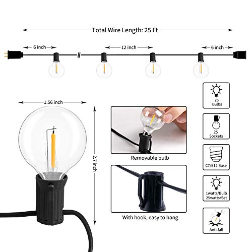LED Globe String Lights Outdoor G40 25Feet with 27 LED Shatterproof Clear Globe Bulbs (2 Spare), Warm White Connectable Patio Lights for Backyard Garden Pergola Tents Gazebo Party Decor,Black Wire