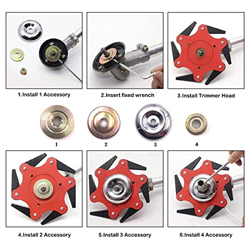 Universal 6 Teeth Trimmer Head, Blade Adapter Kit, 6 Steel Razors Trimmer Head, Thrust Plate Guard Washer, Thrust Washer, Rider Plate, Lock nut, Lawn Machine Parts Replacement Accessary