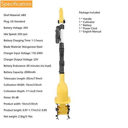 Cordless Tiller Cultivator 20V 250RPM Electric Tiller Handheld Battery Powered Garden Cultivator with Telescopic Rod for Lawn,Farms,Yard,Soil (Cultivation Width 3.9"/ Depth: 6.7")