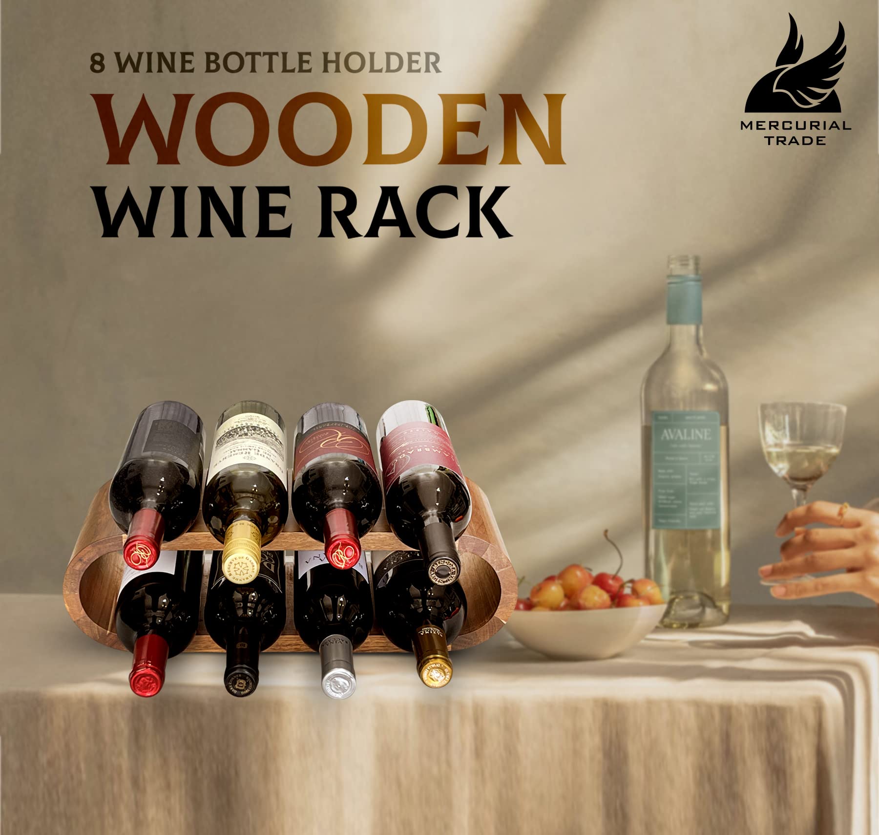 Mercurial Trade Wine Rack Free Standing 8 Bottle Acacia Wine Racks Countertop Cabinet Wine Holder Stand Wine Storage Shelf for Kitchen, Bar, Pantry