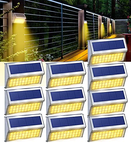 DBF 30 LED Solar Step Lights Outdoor【10 Pack,Warm White】 Stainless Steel Solar Fence Post Lights IP65 Waterproof Solar Powered Deck Stair Lighting Auto On/Off Solar Lights for Fence Yard Patio Garden
