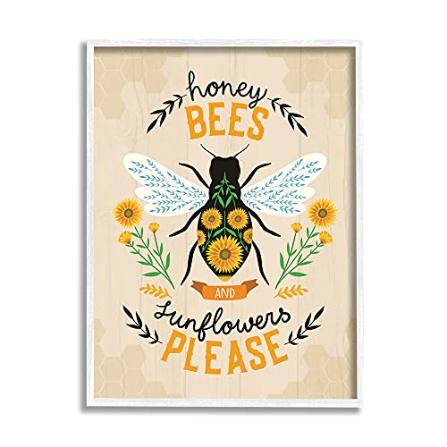 Stupell Industries Honey Bees Sunflowers Please Spring Garden Floral Phrase, Designed by Louise Allen White Framed Wall Art, Beige