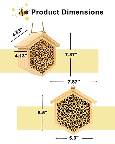 Mason Bee House - Handmade Wooden Bee Hotel Natural Bamboo Bee Habitat Hive Bee Box for Carpenter Bee, Garden Gifts, Pollinating Bees, Leaf Cutter Bee