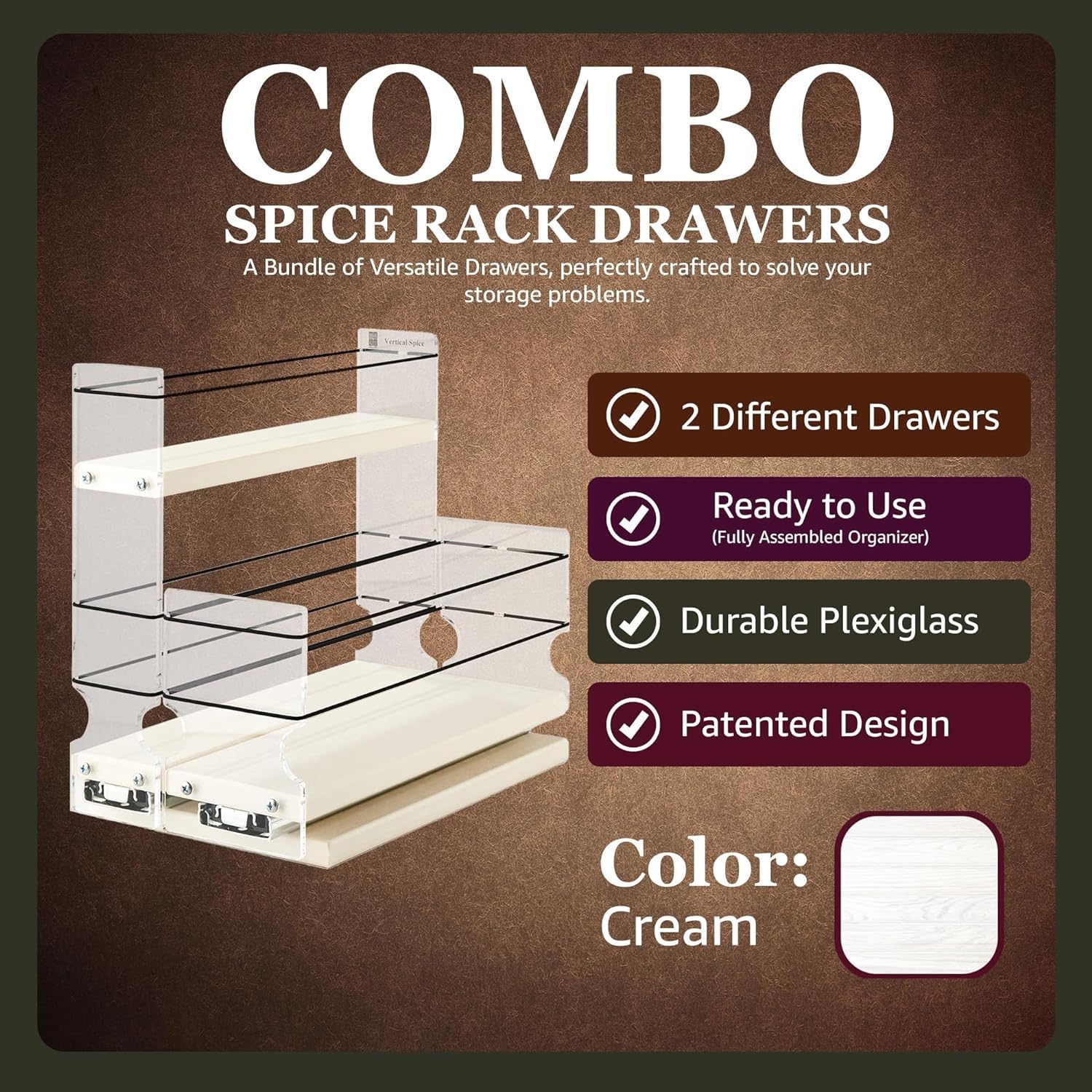 Vertical Spice Combo Spice Rack Drawer - Pull Out Pantry Organizers and Storage - Kitchen Cabinet Organizer - Seasoning Sliding Caddy - Made in USA (5.75" W x 9.25" H x 10.60" D, Partially Assembled)