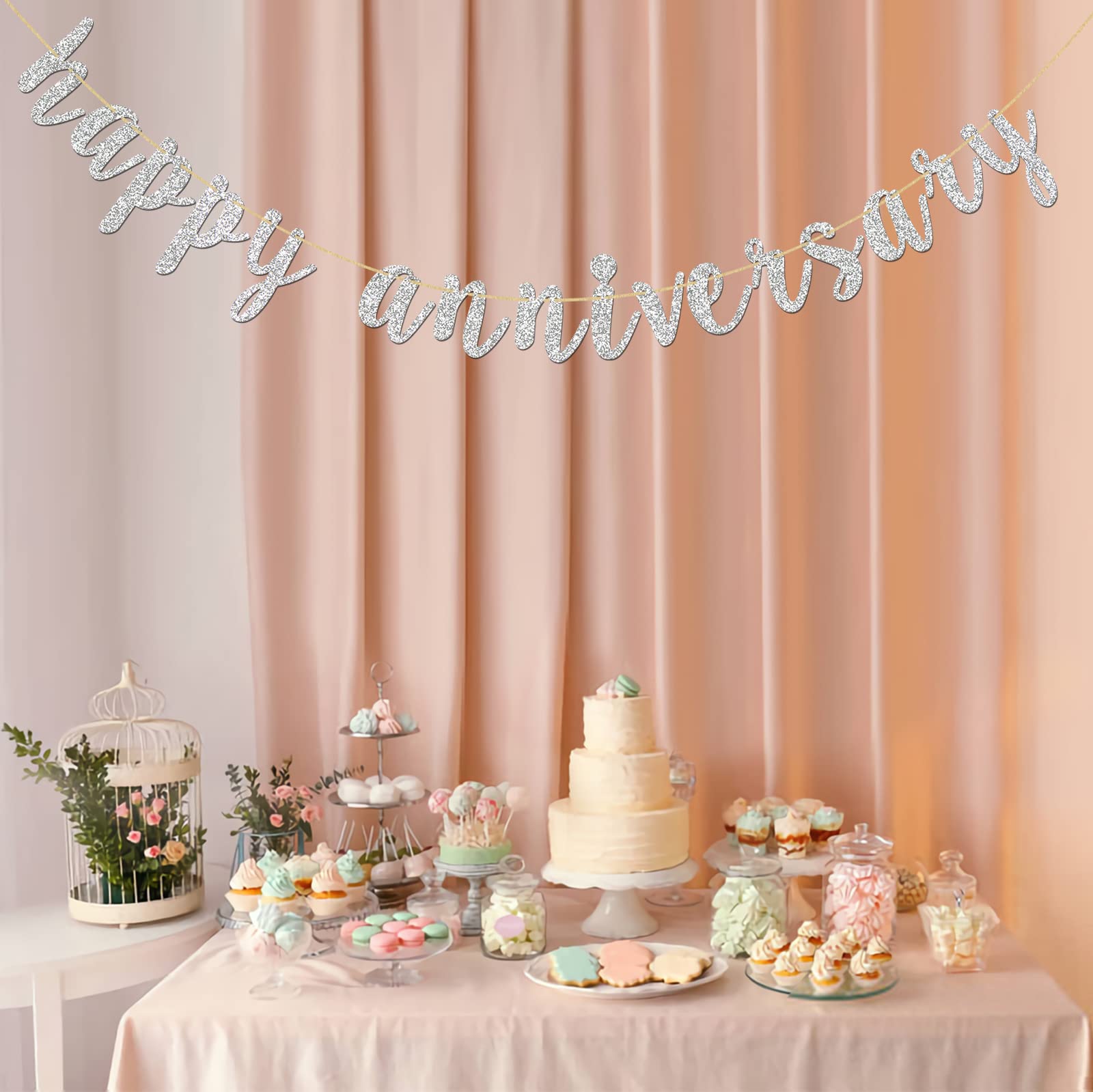 INNORU Glitter Silver Happy Anniversary Banner - Anniversary Sign - Birthday Banner - 1st Wedding Anniversary Party Bunting Decoration Photo Props