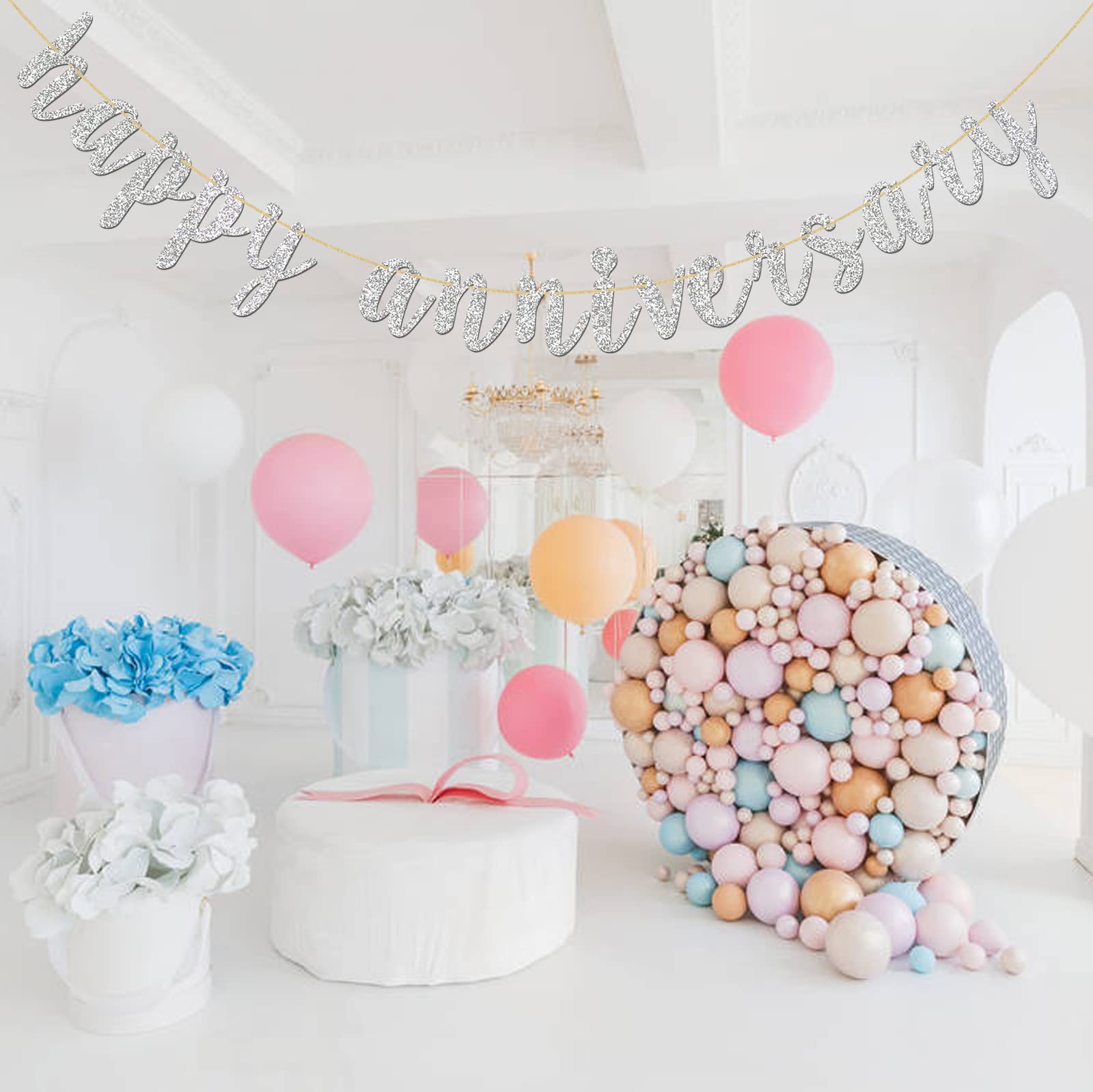 INNORU Glitter Silver Happy Anniversary Banner - Anniversary Sign - Birthday Banner - 1st Wedding Anniversary Party Bunting Decoration Photo Props