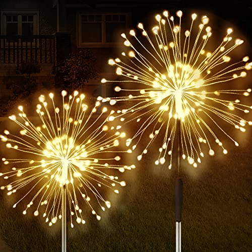 Dengduoduo 2 Pack Solar Garden Lights, Solar Firework Lights, Solar Lights Outdoor Waterproof with 2 Lighting Modes, Landscape Light for Walkway, Garden, Patio, Yard, Flowerbed, Parties (Warm White)