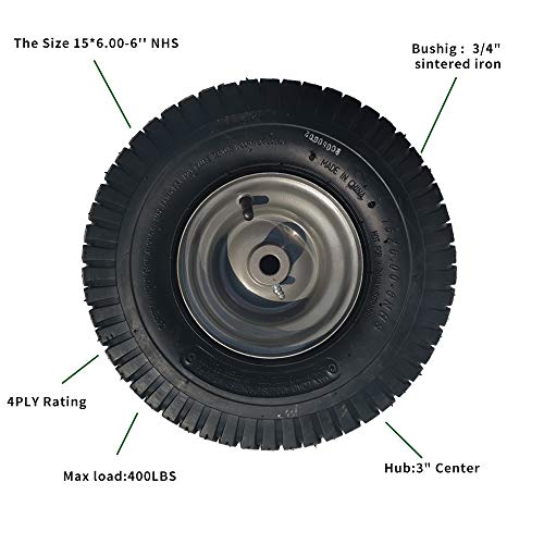 2 Pack 15x6.00-6"Pneumatic tires,Front Assembly Replacement for Craftsman Mower,Turf Tread,3" Center hub with steel rim,3/4'' bushings