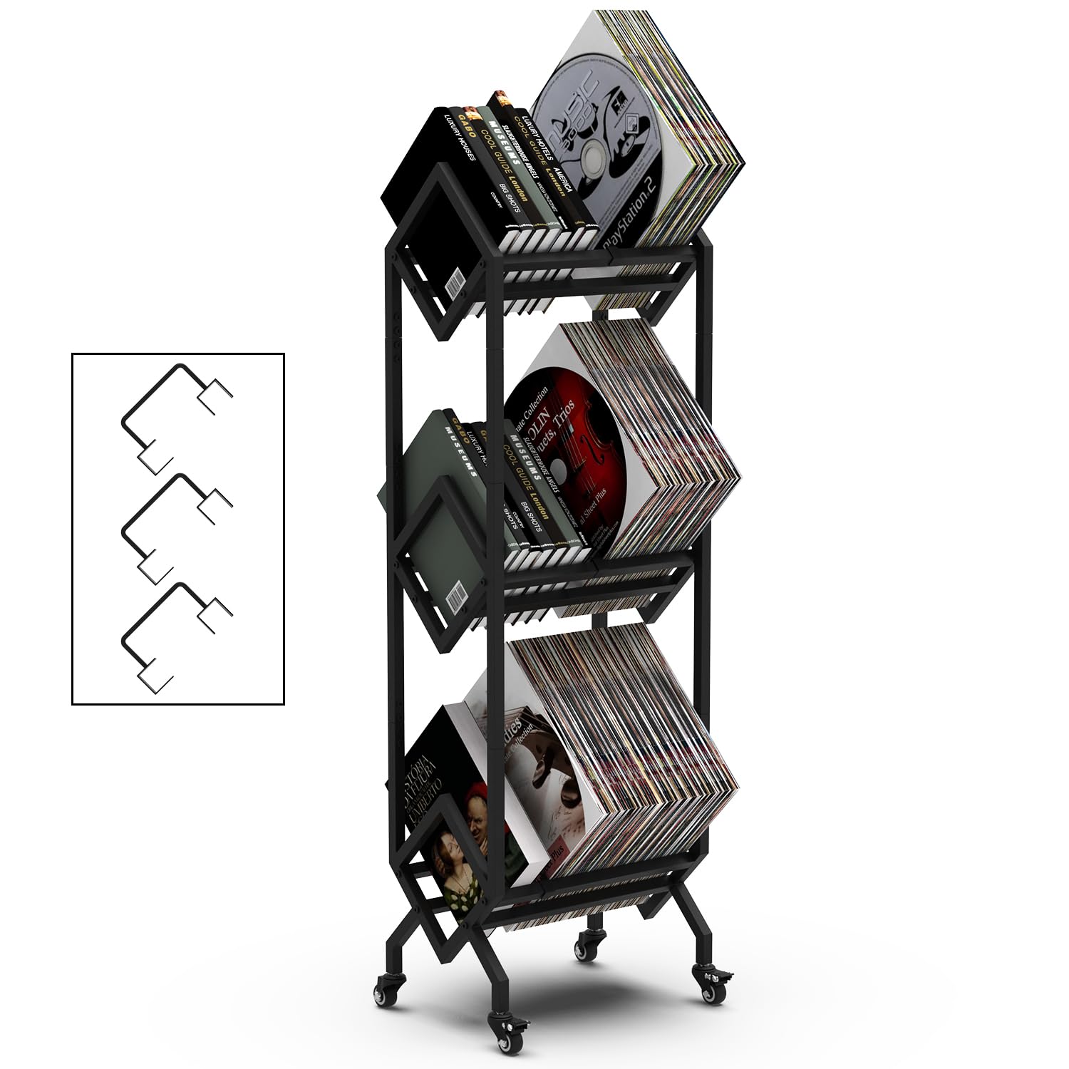 Simoretus 3 Tier Vinyl Record Storage Rack, Mobile Black Metal LP Storage Display Stand with Casters, Large Capacity Record Holder for Albums, Books, Magazines, and Office Files