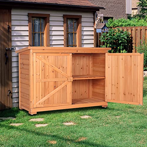 Outdoor Storage Cabinet with Double Doors, Fir Wood Garden Shed, Outside Tool Shed, Vertical Storage Organizer Cabinet with Double Lockable Doors for Outside, Garden and Yard,Natural