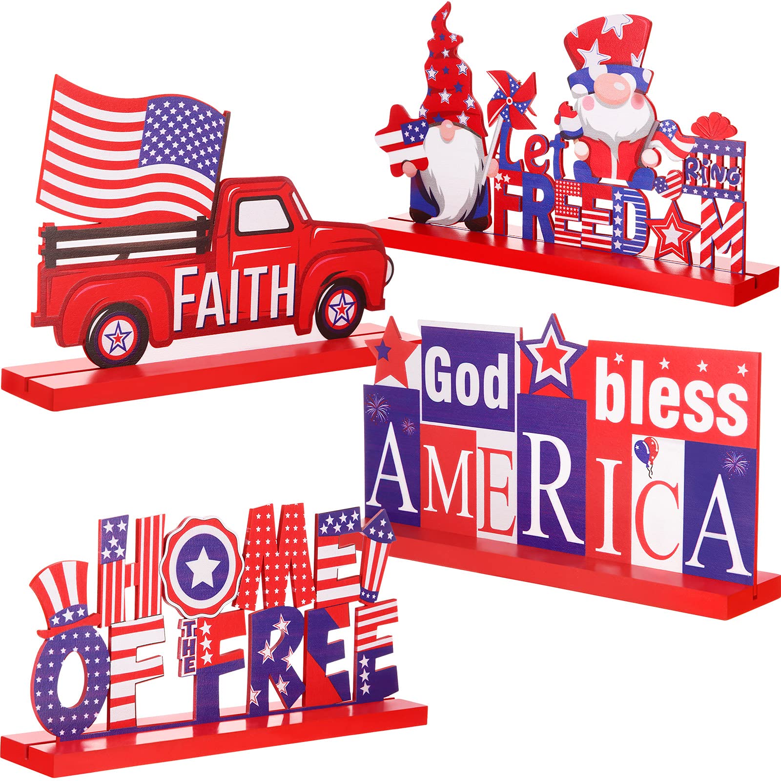 4 Pieces Patriotic Table Decoration 4th of July Wooden Table Centerpiece Independence Day Wood Letter Sign Home of Free God Bless America Table Decoration for Patriotic Party Memorial Day Home Decor