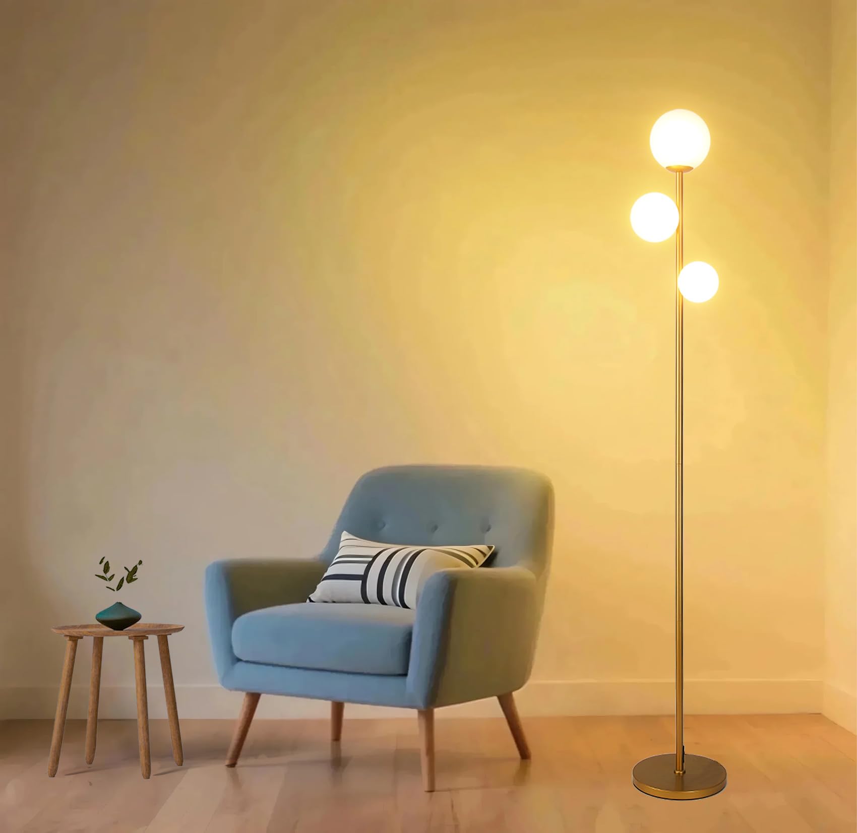 3 Globe Mid Century Modern Floor Lamp for Living Room, Contemporary Gold Floor Lamp with Frosted Glass Shade and Bulbs Included, LED Standing Tall Pole Lamp for Bedrooms, Office - Antique Brass