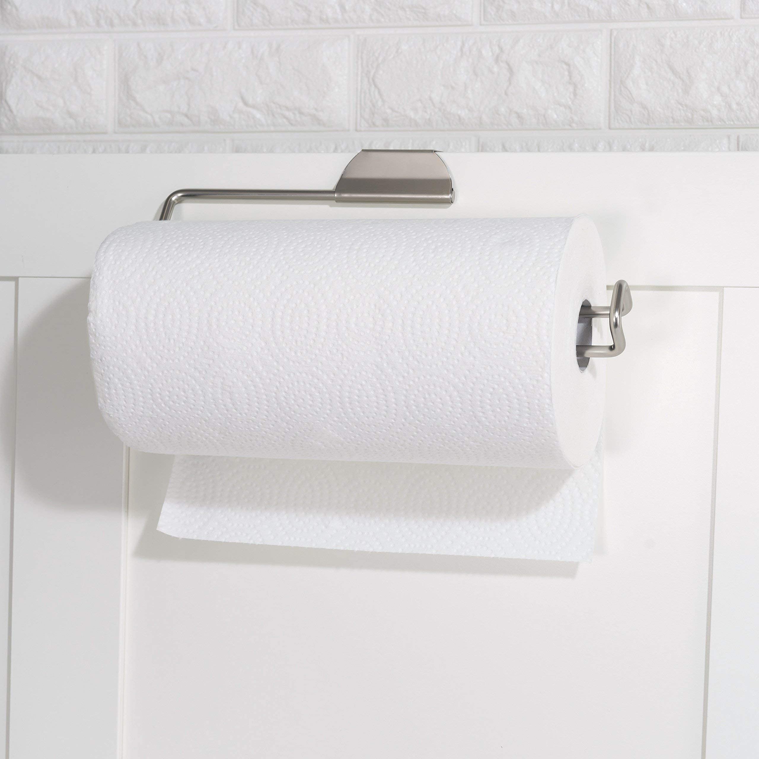 Over-The-Cabinet Paper Towel Holder For Kitchen (Satin Nickel), By Home Basics | Steel Paper Towel Holder For Cabinet Door