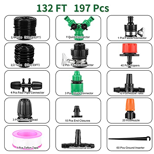 ZADEFERI Drip Irrigation Kit,164FT 197 Pack Garden Irrigation System 1/4'' 1/2'' Blank Distribution Tubing Watering Drip Kit Automatic Irrigation Equipment for Garden Greenhouse,Flower Bed,Patio,Lawn