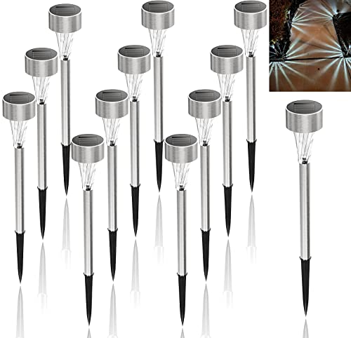 PARTPHONER Solar Outdoor Lights Pathway 12 Pack, Bright Solar Garden Lights Waterproof Stainless Steel Landscape LED Path Lights for Walkway Yard Patio Lawn, Cold White 5000K
