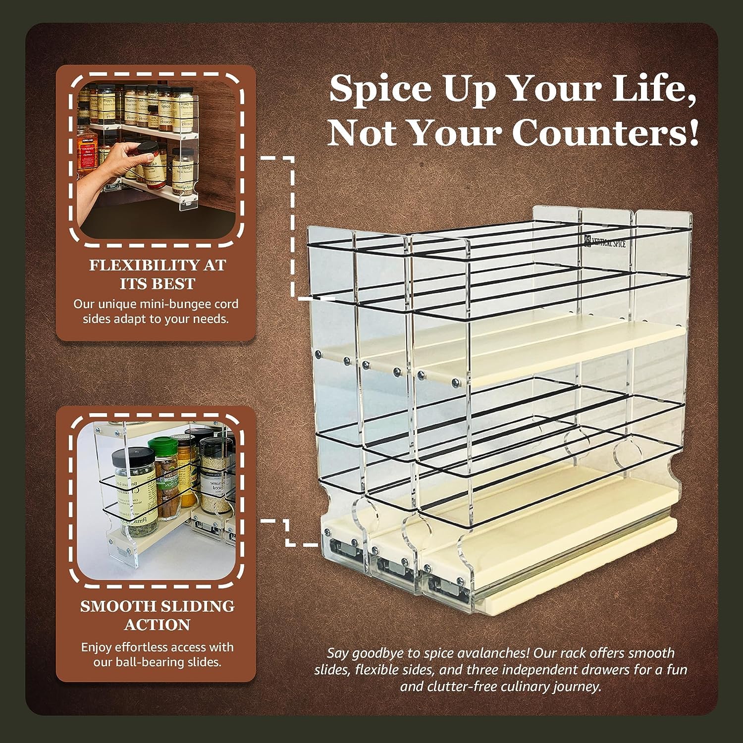 Vertical Spice Cabinet Mounted Spice Rack Drawer - Pull Out Cabinet Organizer - Cupboard Organizers & Storage - Pantry Shelf -45 Half Sized Jars, 3 Drawers, 2 Tiers (6.9" W x 9.25" H x 10.6" D, Cream)