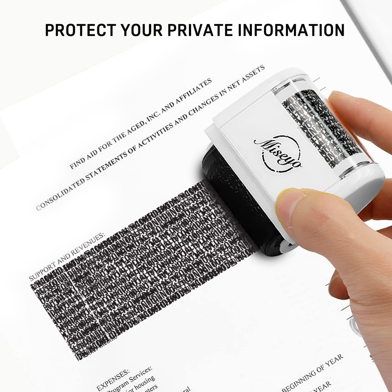 Miseyo Wide Identity Theft Protection Roller Stamp Set - White(3 Refill Ink Included) with Privacy Protection Sticker for Postage Shipping Label 20 Pcs