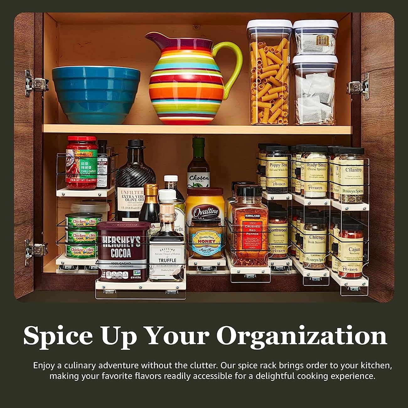 Vertical Spice Cabinet Mounted Spice Rack Drawer - Pull Out Cabinet Organizer - Cupboard Organizers & Storage - Pantry Shelf -45 Half Sized Jars, 3 Drawers, 2 Tiers (6.9" W x 9.25" H x 10.6" D, Cream)