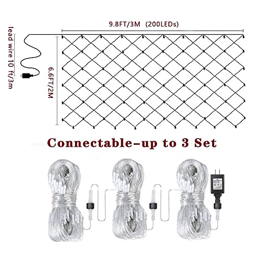 Net Lights Outdoor Christmas Net String Lights Plug in 9.8ft x 6.6ft Connectable Mesh Fairy Light 200 LEDs Waterproof Garden Tree Lights 8 Modes with Remote for Yard Fence Gazebo Decor(White+Blue)