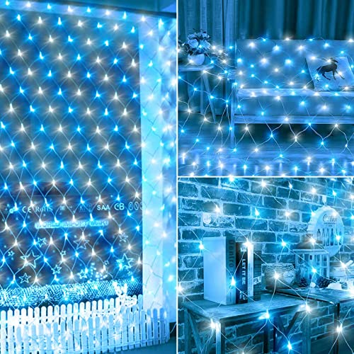 Net Lights Outdoor Christmas Net String Lights Plug in 9.8ft x 6.6ft Connectable Mesh Fairy Light 200 LEDs Waterproof Garden Tree Lights 8 Modes with Remote for Yard Fence Gazebo Decor(White+Blue)