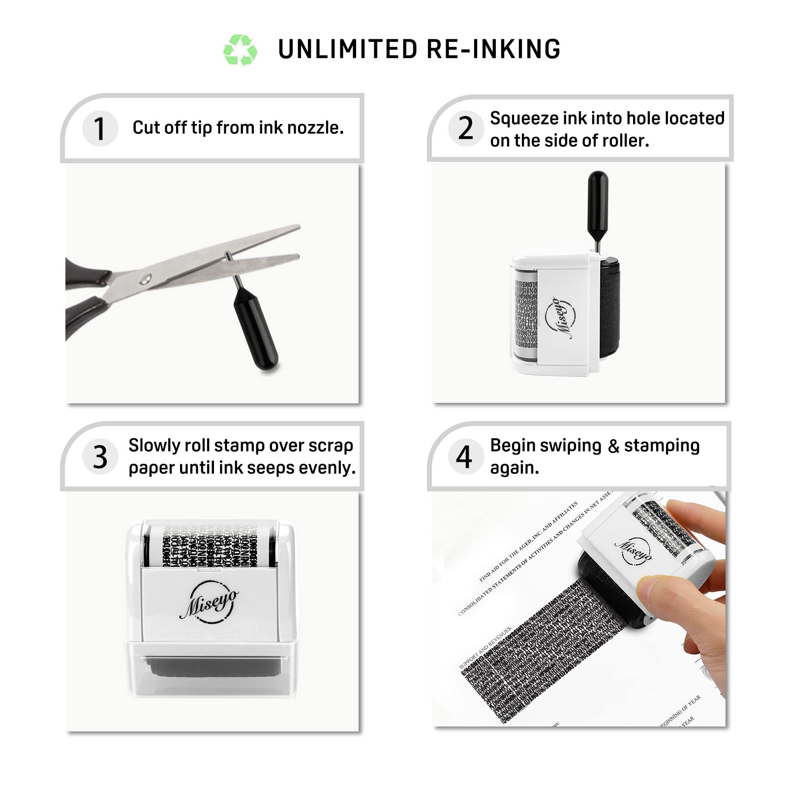 Miseyo Wide Identity Theft Protection Roller Stamp Set - White(3 Refill Ink Included) with Privacy Protection Sticker for Postage Shipping Label 20 Pcs
