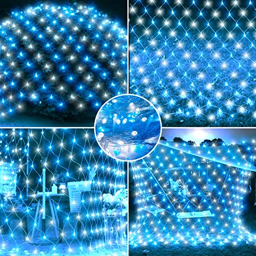 Net Lights Outdoor Christmas Net String Lights Plug in 9.8ft x 6.6ft Connectable Mesh Fairy Light 200 LEDs Waterproof Garden Tree Lights 8 Modes with Remote for Yard Fence Gazebo Decor(White+Blue)