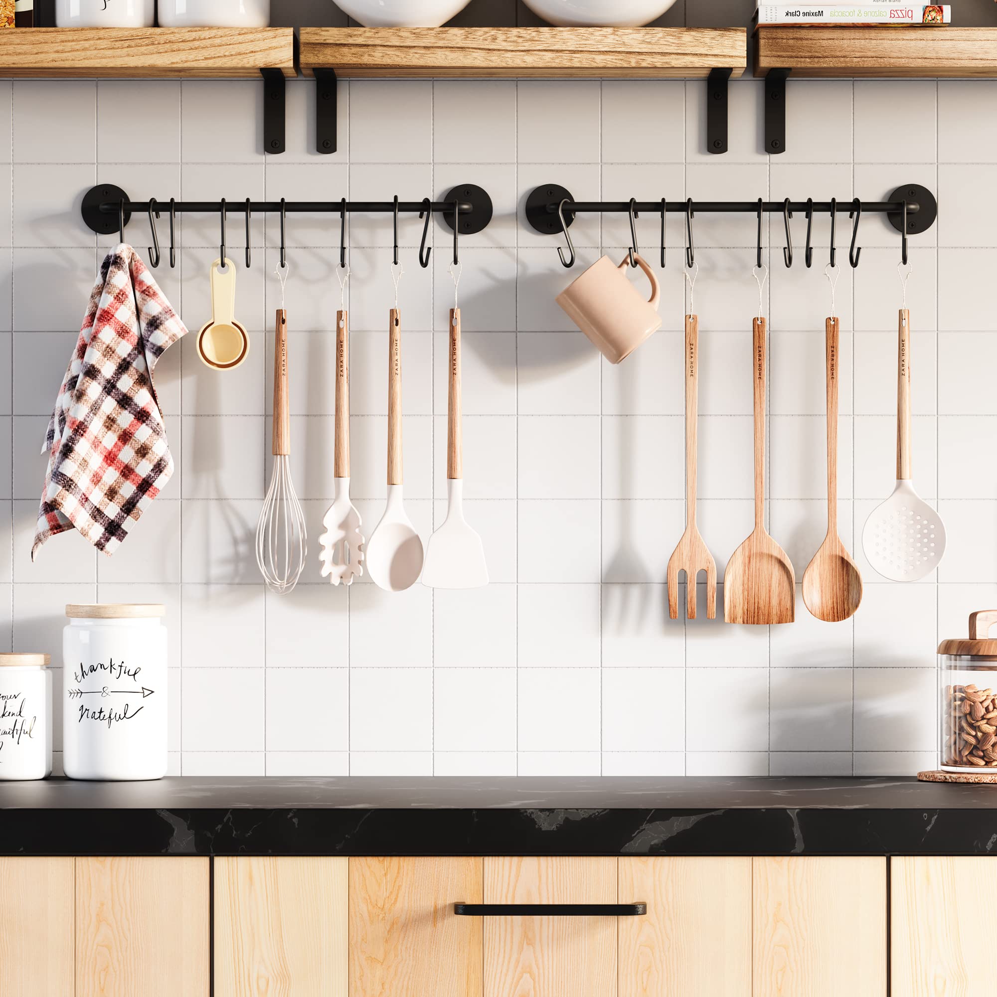 Wallniture Cucina 16" Wall Mount Kitchen Utensil Holder with 10 S Hooks for Hanging Pots and Pans and Lid Organizer, Set of 2, Black