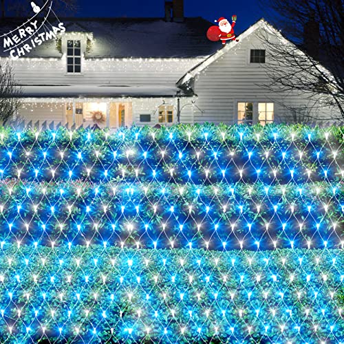 Net Lights Outdoor Christmas Net String Lights Plug in 9.8ft x 6.6ft Connectable Mesh Fairy Light 200 LEDs Waterproof Garden Tree Lights 8 Modes with Remote for Yard Fence Gazebo Decor(White+Blue)