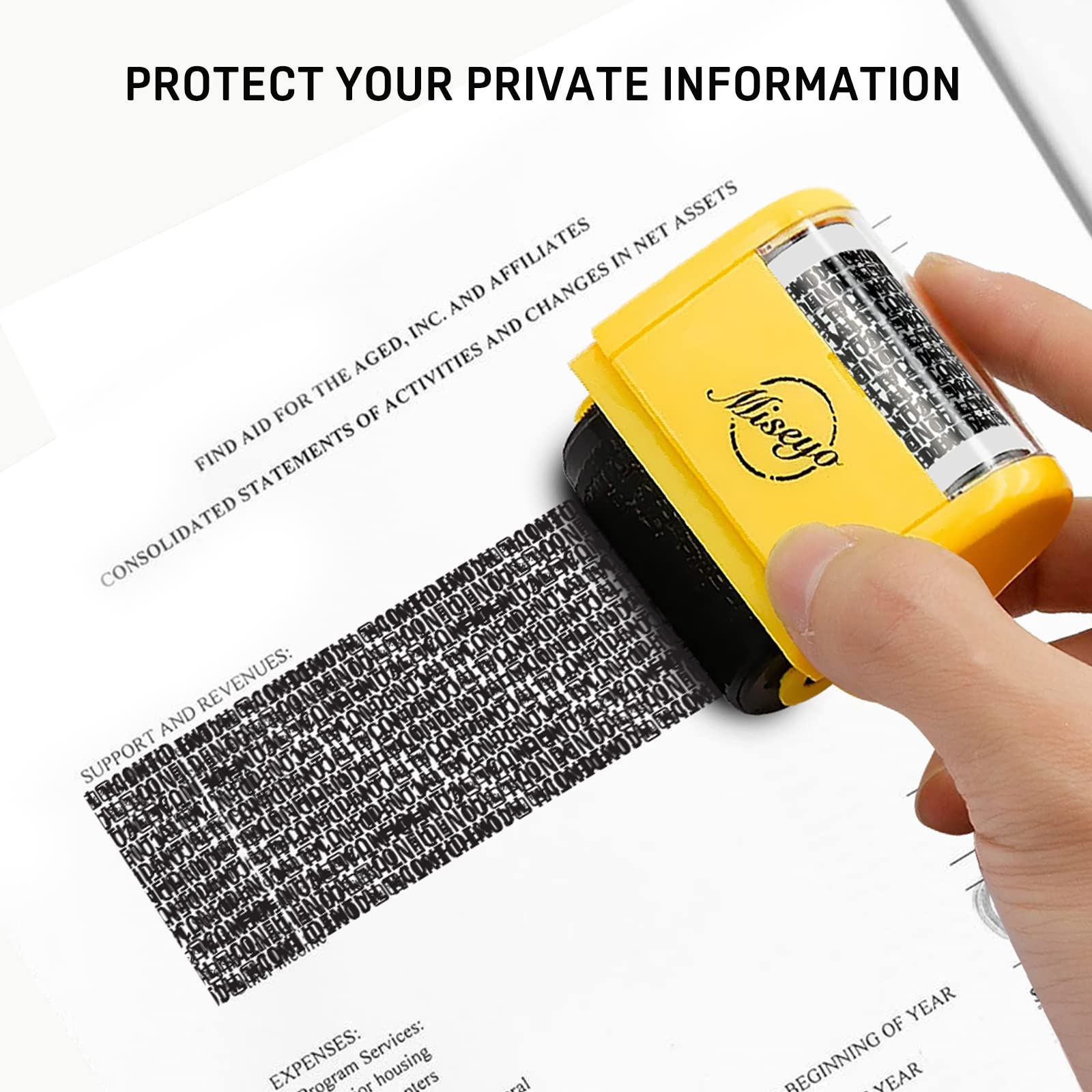 Miseyo Wide Identity Theft Protection Roller Stamp Set - Yellow(3 Refill Ink Included) with Privacy Protection Sticker for Postage Shipping Label 20 Pcs