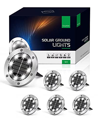 Carpdiem Solar Ground Lights,6 Packs New 8Led Flat Solar Disk Lights Outdoor Waterproof, Solar Puck Lights In-Ground Solar Disc Lights,Garden Solar Lights,Solar Yard Lights,Pathway Lights, Cold White