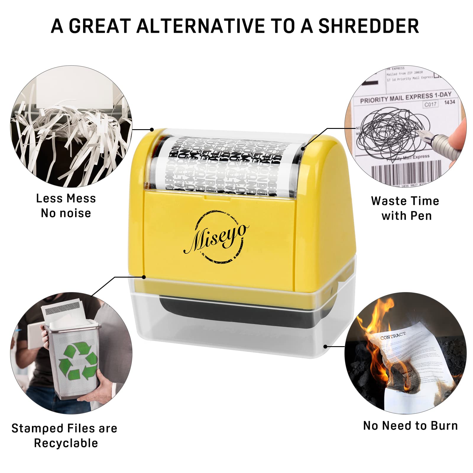 Miseyo Wide Identity Theft Protection Roller Stamp Set - Yellow(3 Refill Ink Included) with Privacy Protection Sticker for Postage Shipping Label 20 Pcs