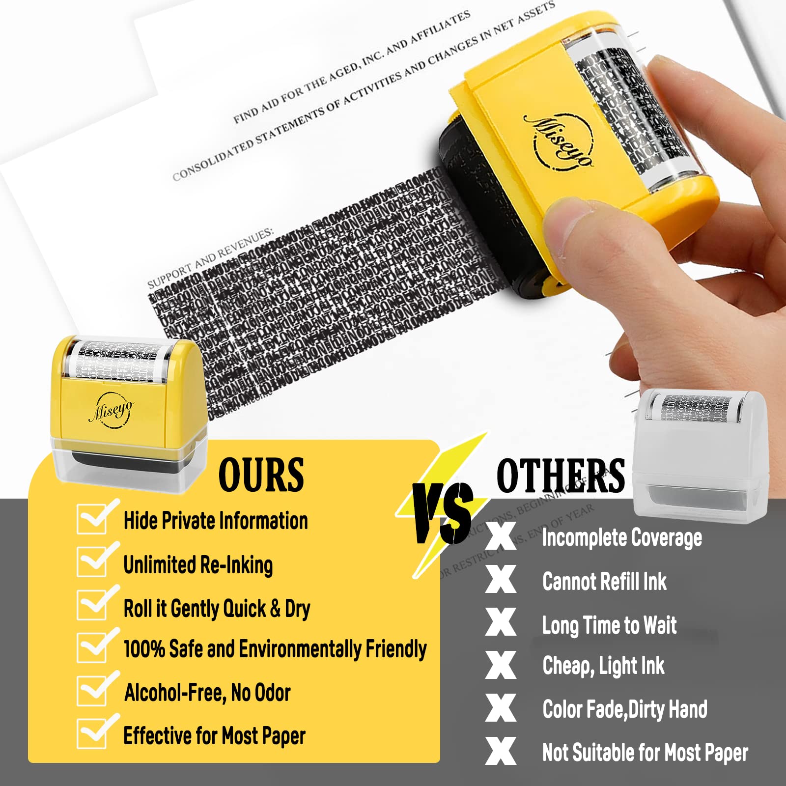 Miseyo Wide Identity Theft Protection Roller Stamp Set - Yellow(3 Refill Ink Included) with Privacy Protection Sticker for Postage Shipping Label 20 Pcs