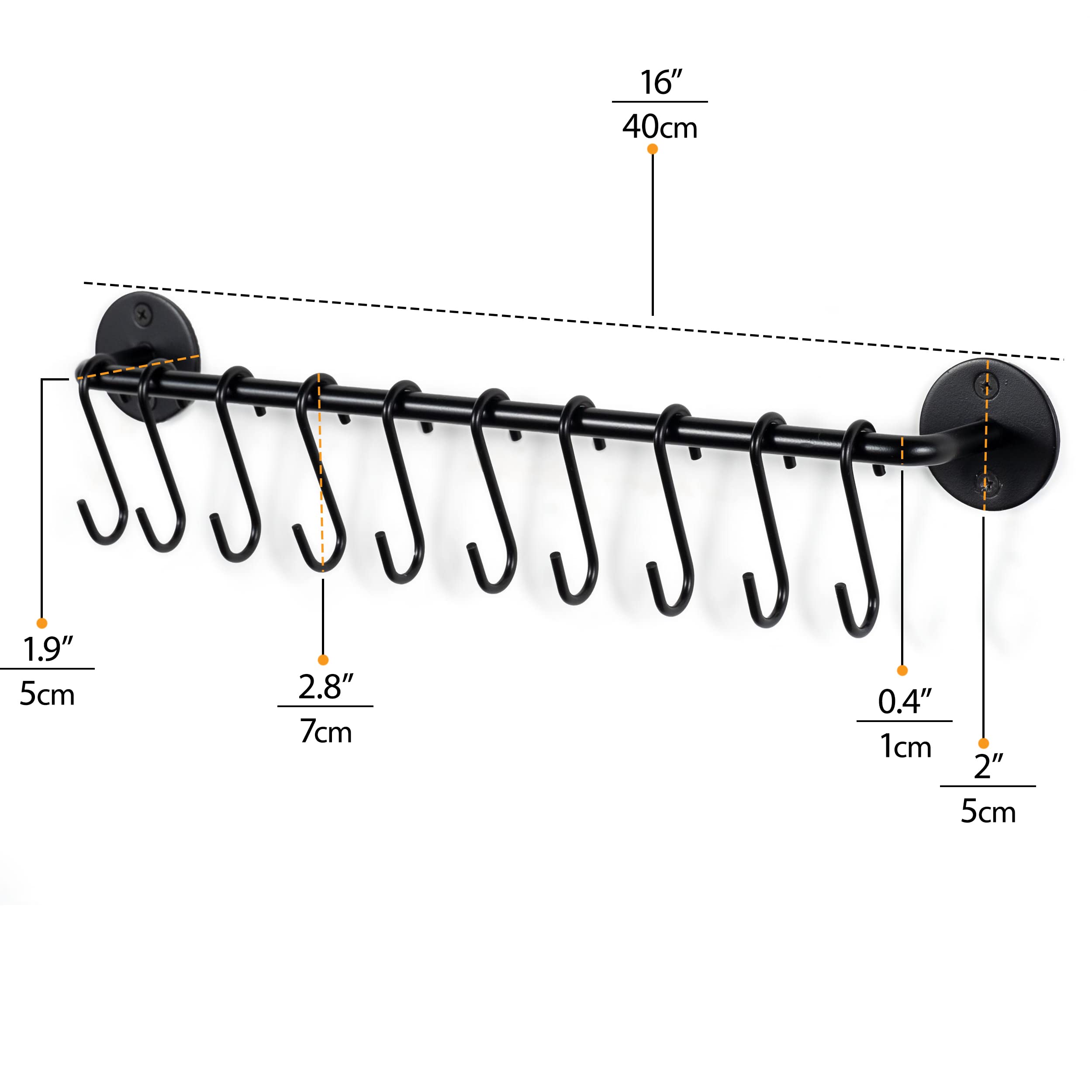 Wallniture Cucina 16" Wall Mount Kitchen Utensil Holder with 10 S Hooks for Hanging Pots and Pans and Lid Organizer, Set of 2, Black