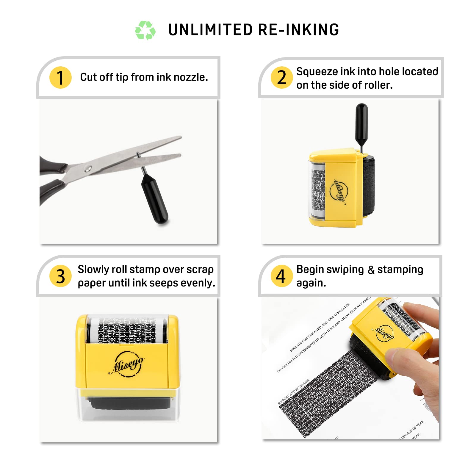Miseyo Wide Identity Theft Protection Roller Stamp Set - Yellow(3 Refill Ink Included) with Privacy Protection Sticker for Postage Shipping Label 20 Pcs