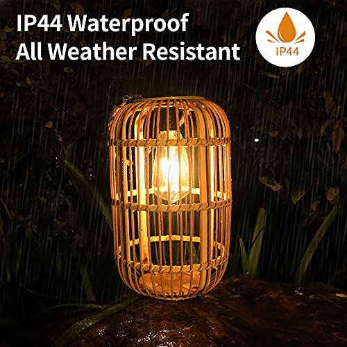 Livinlarge Solar Lantern Outdoor Waterproof, Large Rattan Solar Lantern Outdoor Hanging with Handle, Natural Bamboo Solar Outdoor Lights with Edison Bulb for Garden Patio Yard Tabletop Decoration