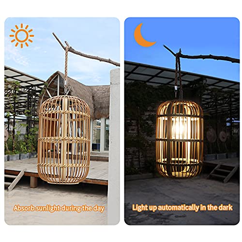 Livinlarge Solar Lantern Outdoor Waterproof, Large Rattan Solar Lantern Outdoor Hanging with Handle, Natural Bamboo Solar Outdoor Lights with Edison Bulb for Garden Patio Yard Tabletop Decoration