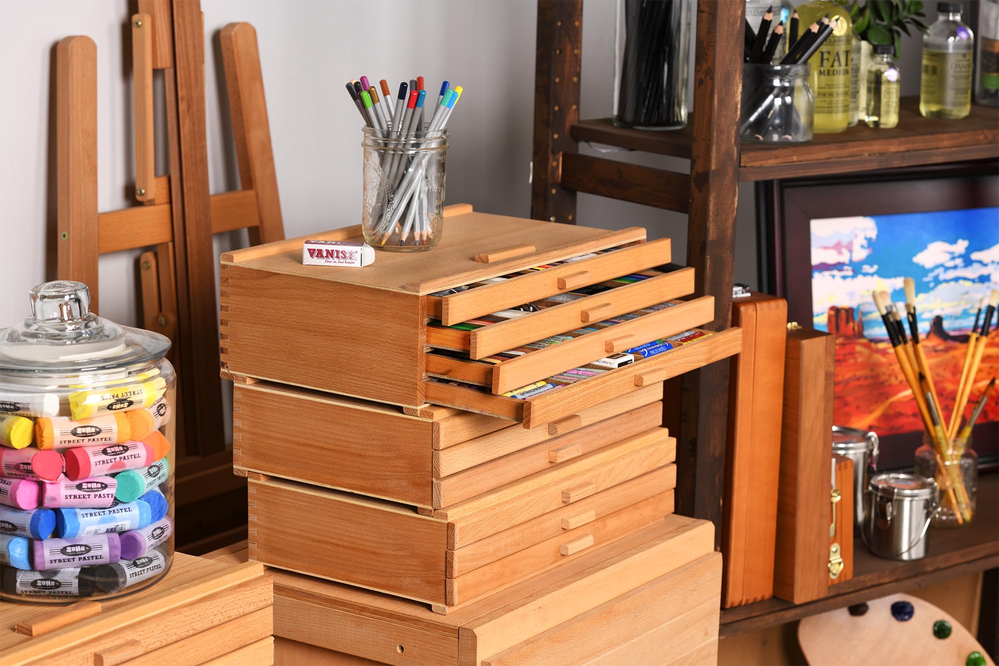 Creative Mark Pastel Storage Box, 4 Drawer Wood Art Box with Foam Lining, Sturdy & Stackable for Pastels, Artist Tools, Pens, Pencils, Paintbrushes & Makeup Brushes, Natural Finish