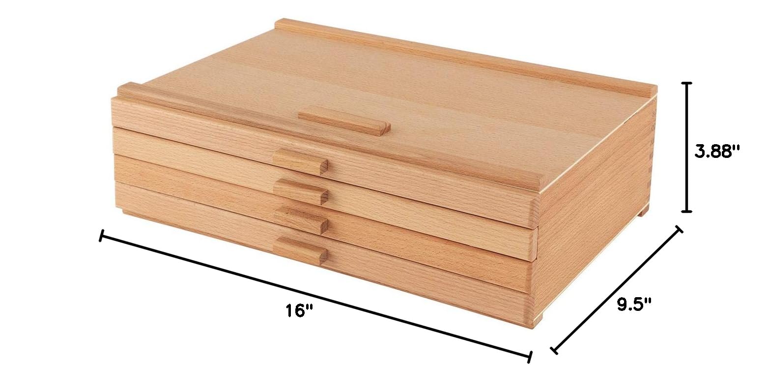 Creative Mark Pastel Storage Box, 4 Drawer Wood Art Box with Foam Lining, Sturdy & Stackable for Pastels, Artist Tools, Pens, Pencils, Paintbrushes & Makeup Brushes, Natural Finish